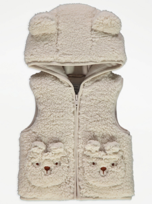 Neutral Teddy Bear Borg Fleece Hooded Gilet | Baby | George at ASDA