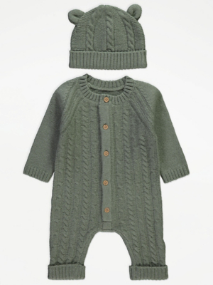 Green Knitted Button Front All In One and Hat Set | Baby | George at ASDA