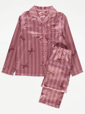 Pink Stripe Bow Satin Shirt Pyjamas | Kids | George at ASDA