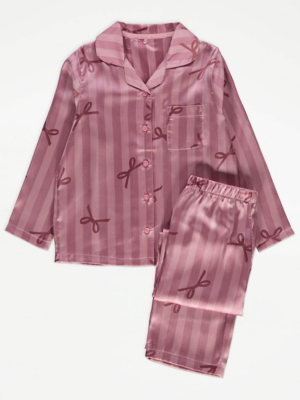 Pink Stripe Bow Satin Shirt Pyjamas | Kids | George at ASDA