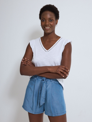 White Slub Pure Cotton Ladder Trim Frill Sleeve Top | Women | George at ...