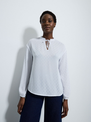 White Spotty Tie Neck Popover Long Sleeve Blouse | Women | George at ASDA