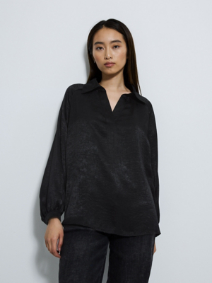 Black Satin Collared Popover Blouse | Women | George at ASDA
