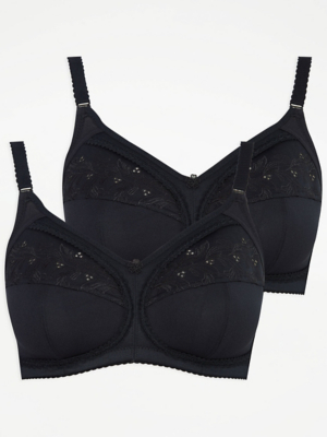 Black Embroidered Non Padded Full Cup Bras 2 Pack | Lingerie | George ...