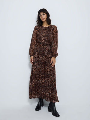 Animal Print Long Sleeve Belted Chiffon Pleated Midi Dress | Women ...