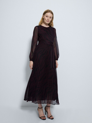 Plum Zebra Chiffon Long Sleeve Pleated Maxi Dress | Women | George at ASDA