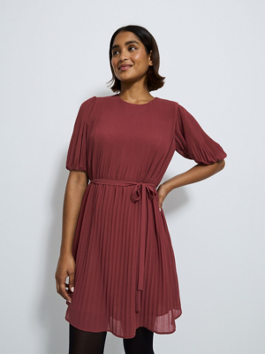 Berry Red Chiffon Pleated Puff Sleeve Mini Dress | Women | George at ASDA