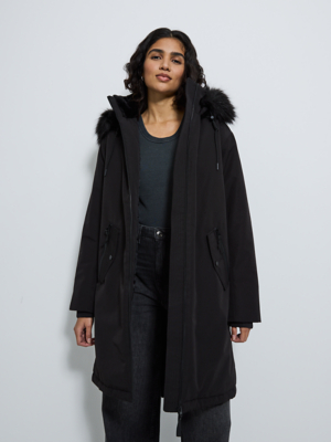 Black Faux Fur Trim Hooded Waterproof Parka | Women | George at ASDA