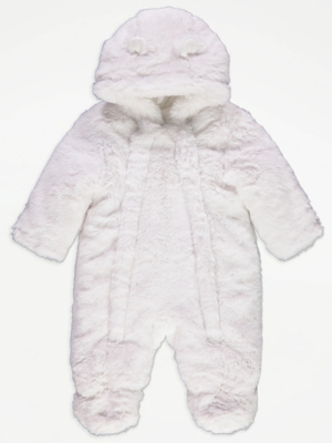 White Faux Fur Hooded Double Zip Fasten Snowsuit | Baby | George at ASDA