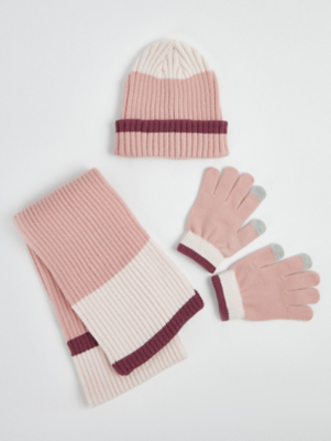 Pink Striped Trim Knitted Beanie Hat Scarf and Gloves Set | Kids ...