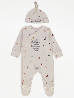 Christmas Wish Cream Sleepsuit and Hat Set | Baby | George at ASDA