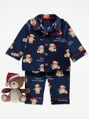 Christmas Navy Bear Fleece Shirt Pyjamas and Toy Set | Baby | George at ...