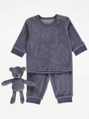 Navy Teddy Bear Velour Pyjamas and Toy | Baby | George at ASDA