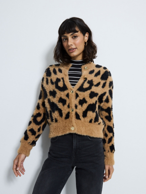 Tan Leopard Print Fluffy Button Front Cardigan | Women | George at ASDA