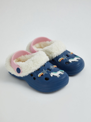 Navy Unicorn Rainbow Fleece Lined Clogs | Kids | George at ASDA