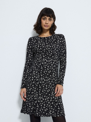 Black Floral Gathered Front Long Sleeve Mini Dress | Women | George at ASDA
