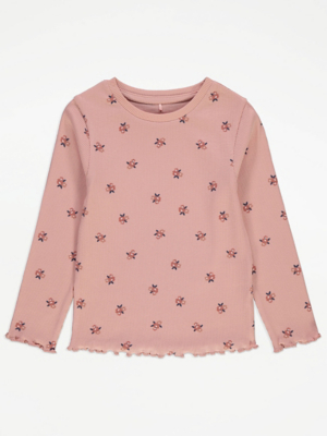 Pink Floral Ribbed Lettuce Edge Long Sleeve Top | Kids | George at ASDA
