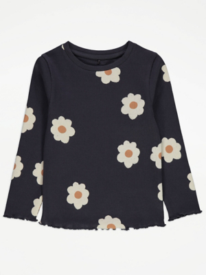 Charcoal Daisy Ribbed Lettuce Edge Long Sleeve Top | Kids | George at ASDA