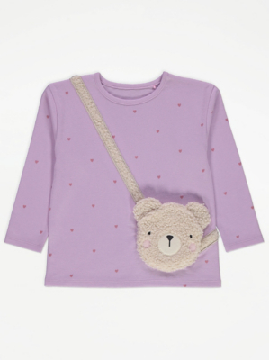 Lilac Heart Teddy Bear Fleece Bag Long Sleeve Top | Kids | George at ASDA