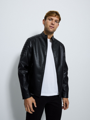 Black Faux Leather Biker Jacket | Men | George at ASDA