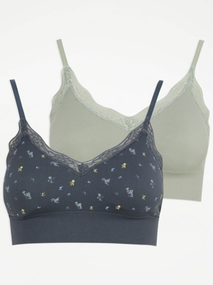 Dark Grey/Light Green Lace Trim V Neck Seam Free Bras 2 Pack | Lingerie ...