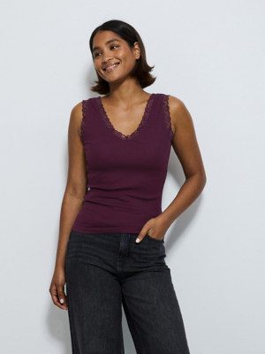 Plum Lace Trim V Neck Ribbed Vest | Women | George at ASDA