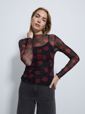 Red Blurred Flower Mesh Long Sleeve Top | Women | George at ASDA