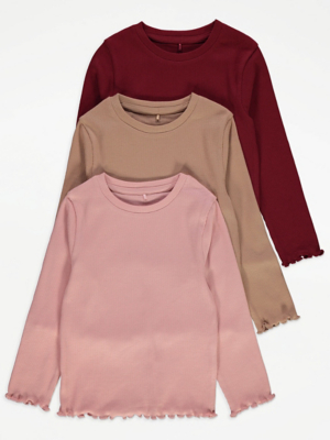 Plain Ribbed Lettuce Edge Long Sleeve Tops 3 Pack | Kids | George at ASDA