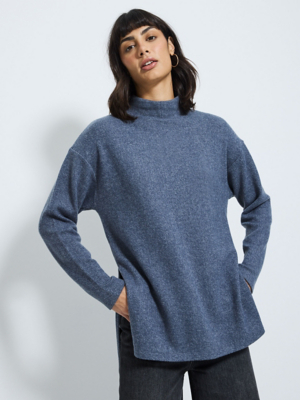 Slate Blue Ribbed Soft Touch Knitted Funnel Neck Jumper | Women ...