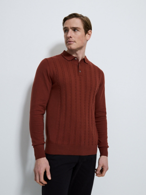 Rust Lightweight Cable Knitted Long Sleeve Polo Top | Men | George at ASDA