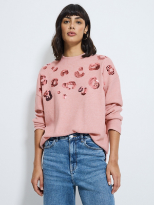 Pink Sequin Leopard Print Soft Touch Knitted Jumper | Women | George at ...