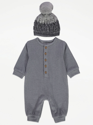 Grey Soft Touch All In One and Bobble Hat Outfit | Baby | George at ASDA