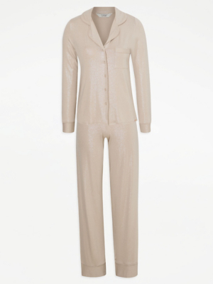 Beige Sparkle Long Sleeve Shirt Pyjamas | Lingerie | George at ASDA