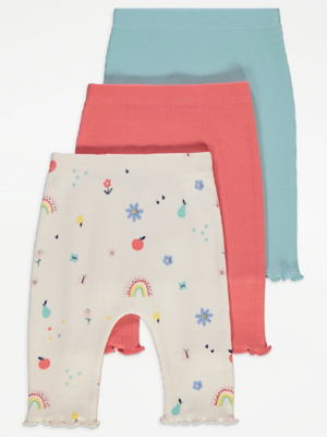 Coral Patterned Ribbed Lettuce Trim Leggings 3 Pack | Baby | George at ASDA