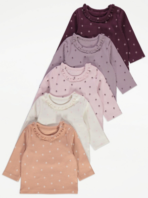 Floral Ribbed Frill Long Sleeve Tops 5 Pack | Baby | George at ASDA