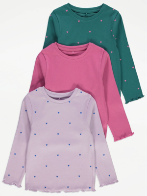 Heart Ribbed Lettuce Edge Long Sleeve Tops 3 Pack | Kids | George at ASDA