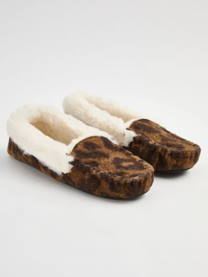 Animal Print Faux Fur Lined Full Back Moccasin Slippers | Lingerie ...