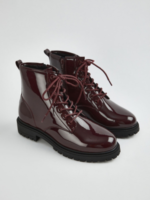 Wide Fit Burgundy Patent Lace Up Chunky Boots | Women | George at ASDA