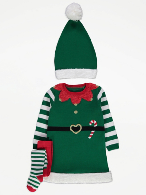 Christmas Elf Knitted Dress Hat and Tights Set | Kids | George at ASDA