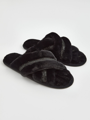 Black Faux Fur Cross Over Sparkle Slider Slippers | Lingerie | George ...