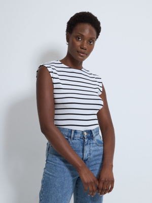 Black Striped Ribbed Wide Set Sleeve Top | Women | George at ASDA