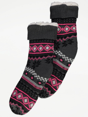 Charcoal Fairisle Faux Fur Trim Bed Socks | Lingerie | George at ASDA