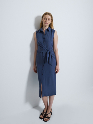Slate Blue Lightweight Tie Side Button Front Midi Dress | Women ...