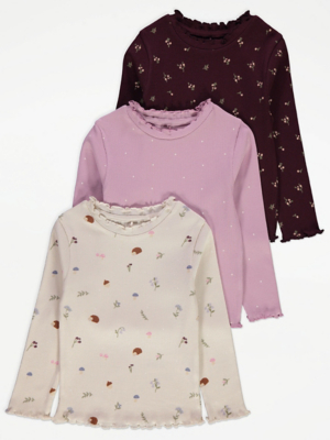 Patterned Ribbed Long Sleeve Tops 3 Pack | Kids | George at ASDA