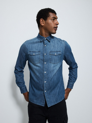 Blue Midwash Long Sleeve Denim Shirt | Men | George at ASDA