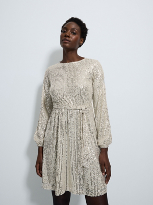 Neutral Sequin Long Sleeve Belted Mini Dress | Women | George at ASDA