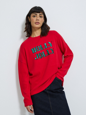 Christmas Red Sequin Holly Jolly Soft Knitted Jumper | Women | George ...