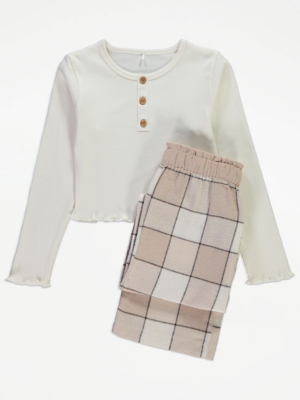 Cream Ribbed Top and Checked Wide Leg Pyjamas | Kids | George at ASDA