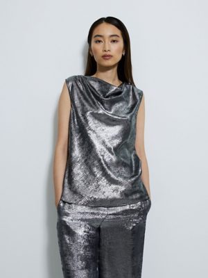 Silver Metallic Satin Cowl Neck Sleeveless Blouse | Women | George at ASDA