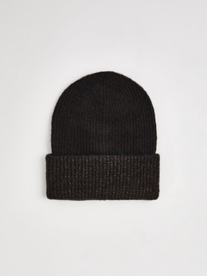 Black Shimmer Edge Knitted Beanie Hat | Women | George at ASDA
